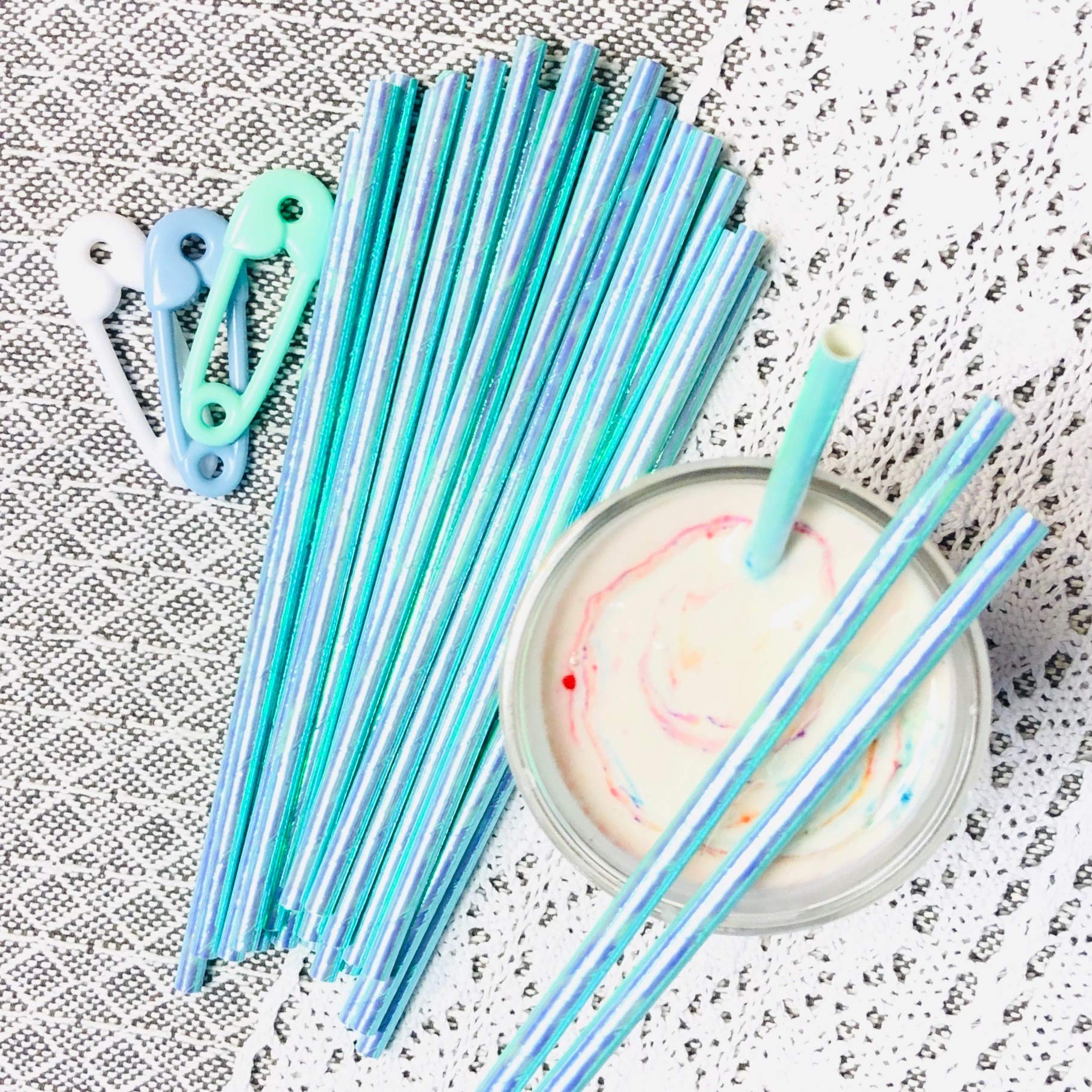 Iridescent Foil Paper Straws- Blue Green - 7.75 Inches - 100 Pack