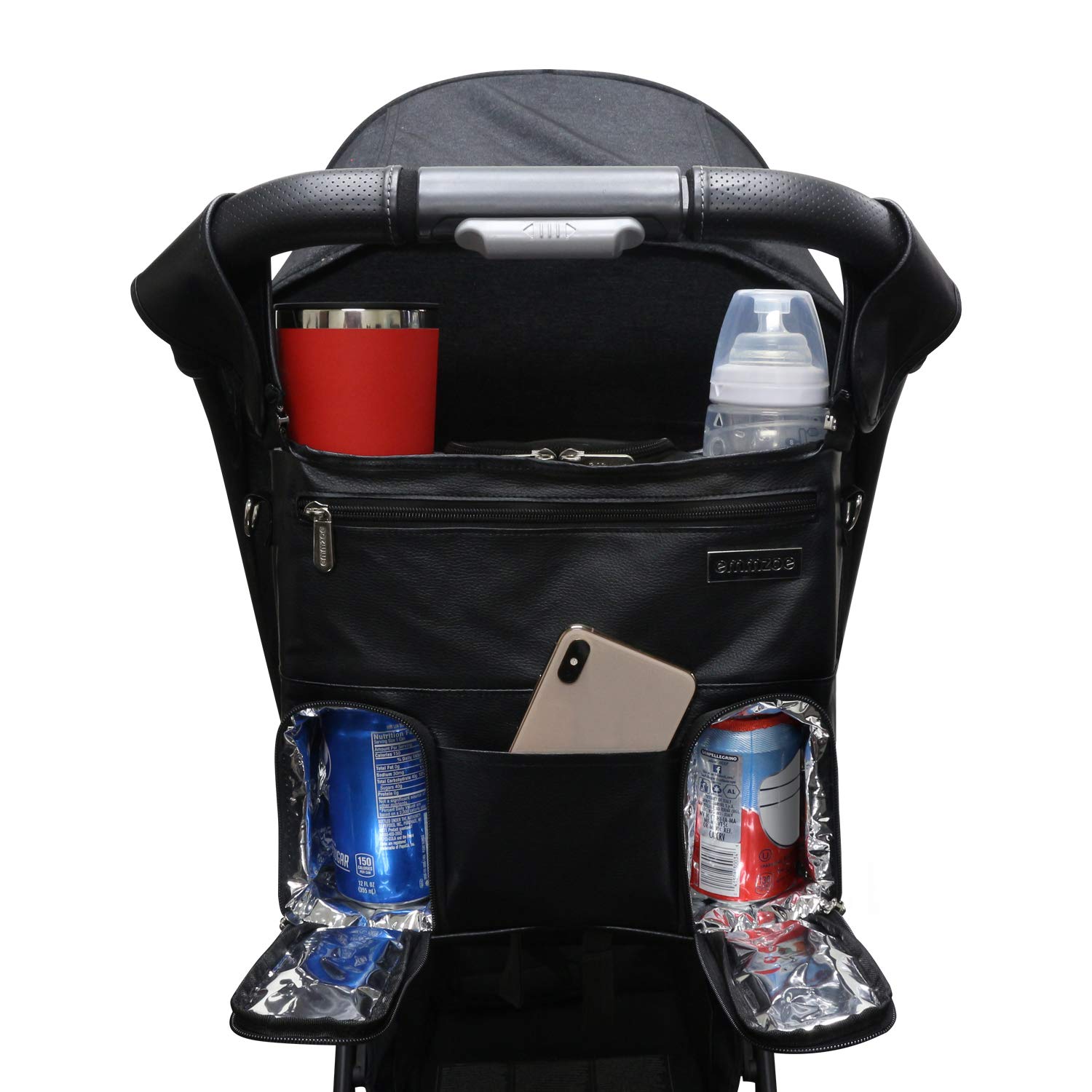 Emmzoe All-In-One Universal Fit Leather Stroller Organizer with Shoulder Strap and Cup Holders - Insulated Food Compartment - Multifunctional Storage Compartments for Diapers, Wipes