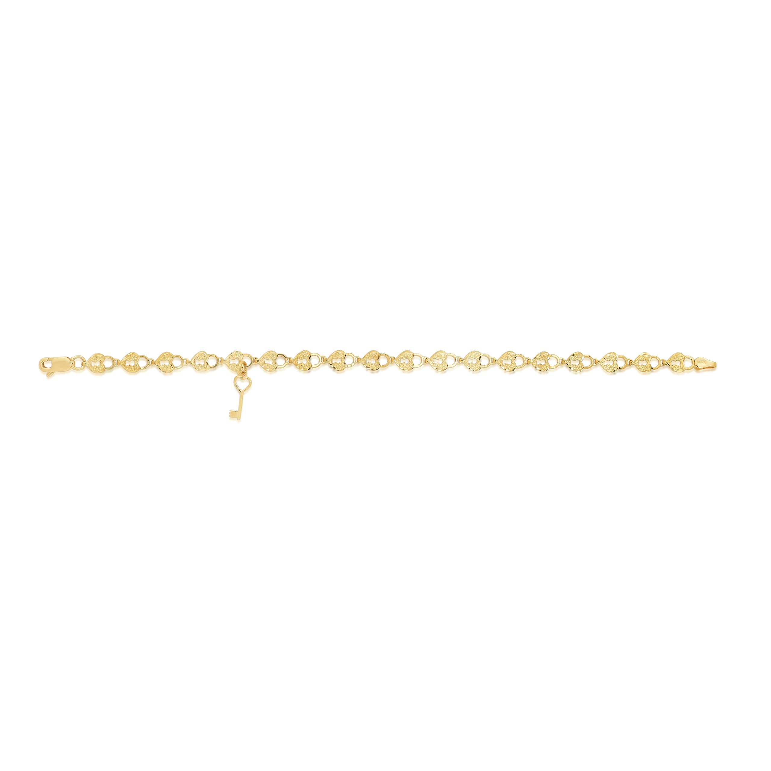 Floreo 10k Yellow Gold Textured Finish Heart Shape Lock and Key Link Charm Bracelet