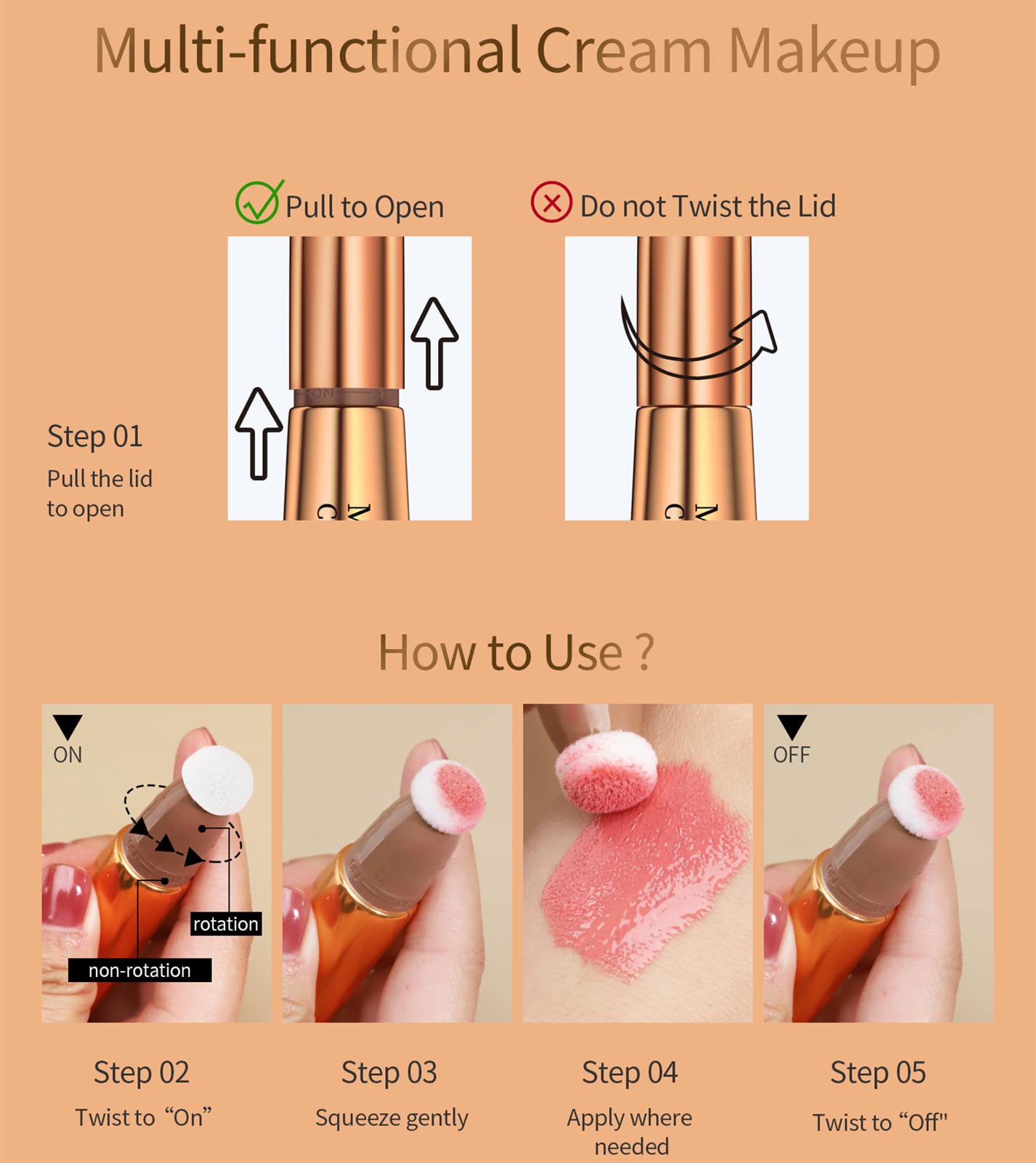 Go Ho 3PCS Liquid Contour&Blush&Highlighter Beauty Wand,Blendable Super Silky Cream Contour Stick,Face Moisturizing Contour Blush Stick with Fine Cushion Applicator,Cruelty-free,02# Contour &03#Blush&