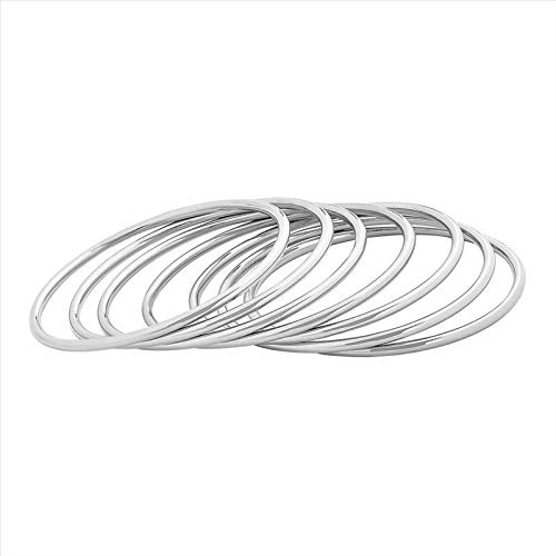 Edforce Stainless Steel Glossy Thin Round Bangle Bracelet Set for Women, Set of 7 (Silver, 7.8")