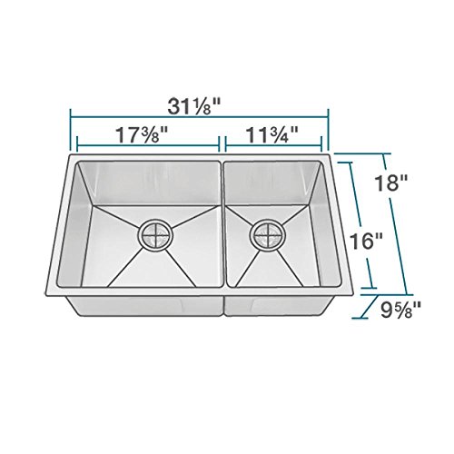 MR Direct 3160L-14 Stainless Steel Undermount 31-1/8 in. Double Bowl Kitchen Sink, 31" 60/40