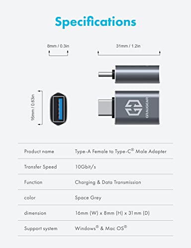 GRAUGEAR USB C to USB Adapter Pack of 2, 10Gbps Data Transfer, USB C Male to USB A Female Adapter 10Gbps, Compatible with PC, Laptop, MacBook, iPhone, iPad, Apple Watch, USB Charger, Type C Devices