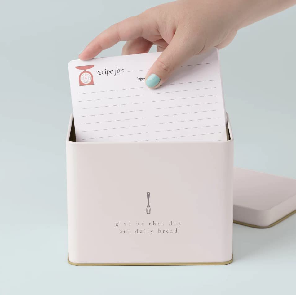 PPP Recipe Tin in Cream | Classic and Neutral | Includes 25 Blank Recipe Cards | Gold Metallic Interior | w/Whisk Design Printed | Made from Heavy Steel | Decorative Recipe Box Holder
