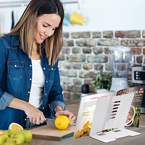 Honagu Book Stand Metal Desk Book Holder, Book Holders for Reading Hands Free, Adjustable Cookbook Documents Holder, Portable Bookstand for Music Books, Textbook, Recipe,Tablet, Ipad (White)