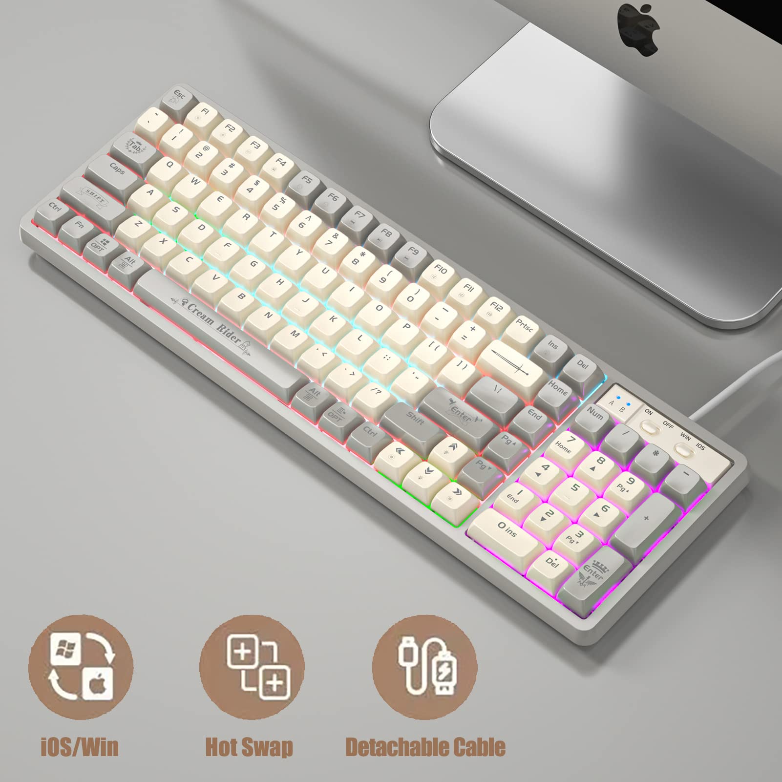 Lomiluskr GK102 Hot Swap Programmable Mechanical Wired Keyboard with Multicolor Backlit, 102 Anti-Ghosting Keys, 2 Colors Keycap, Detachable Cable (Gray&White, Red Switch)