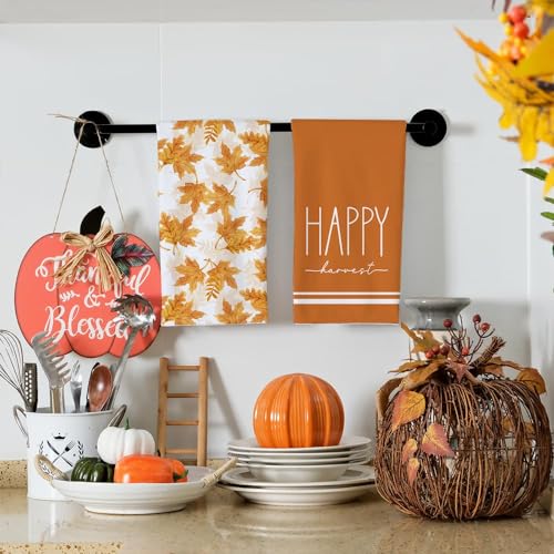 GEEORY Fall Kitchen Dish Towels Set of 2 for Fall Decor,Happy Harvest Printed Maple Leaves 18x26 Inch Drying Dishcloth,Farmhouse Home Decoration GD119