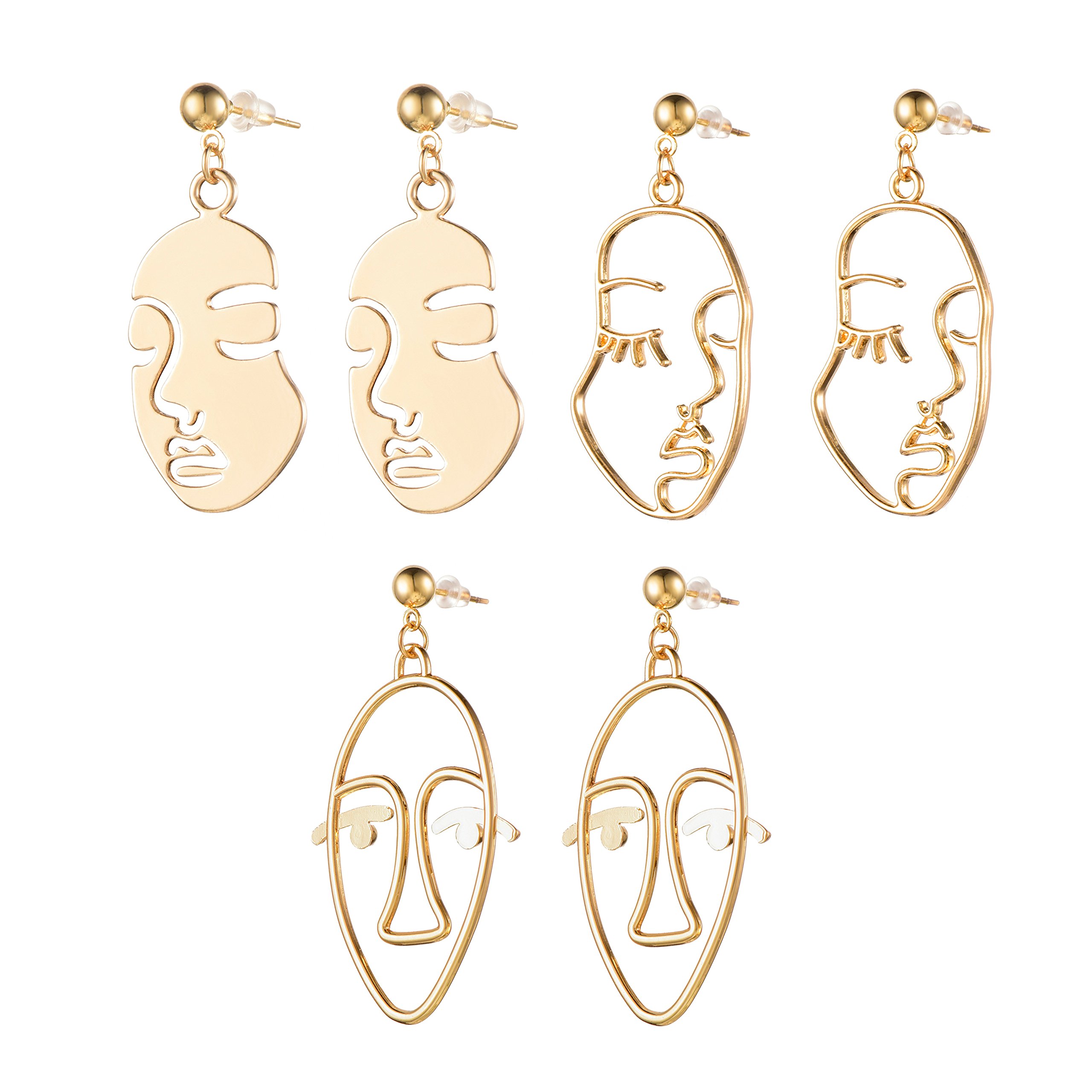 Face Abstract Gold Statement Earrings - Mookoo 3 Pair Vintage Hypoallergenic Dangle Stud for Girls Teens Women