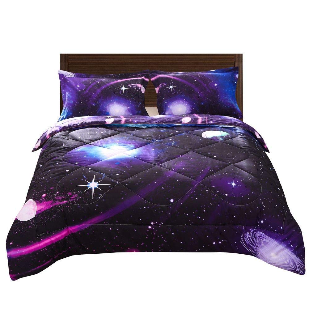 ENCOFT Blue Galaxy Comforter Twin, 3 Piece 3D Outer Space Themed Comforter Bedding Sets with 2 Pillowcases, Soft Polyester Lightweight All Season Twin Comforter Sets for Boys and Girls
