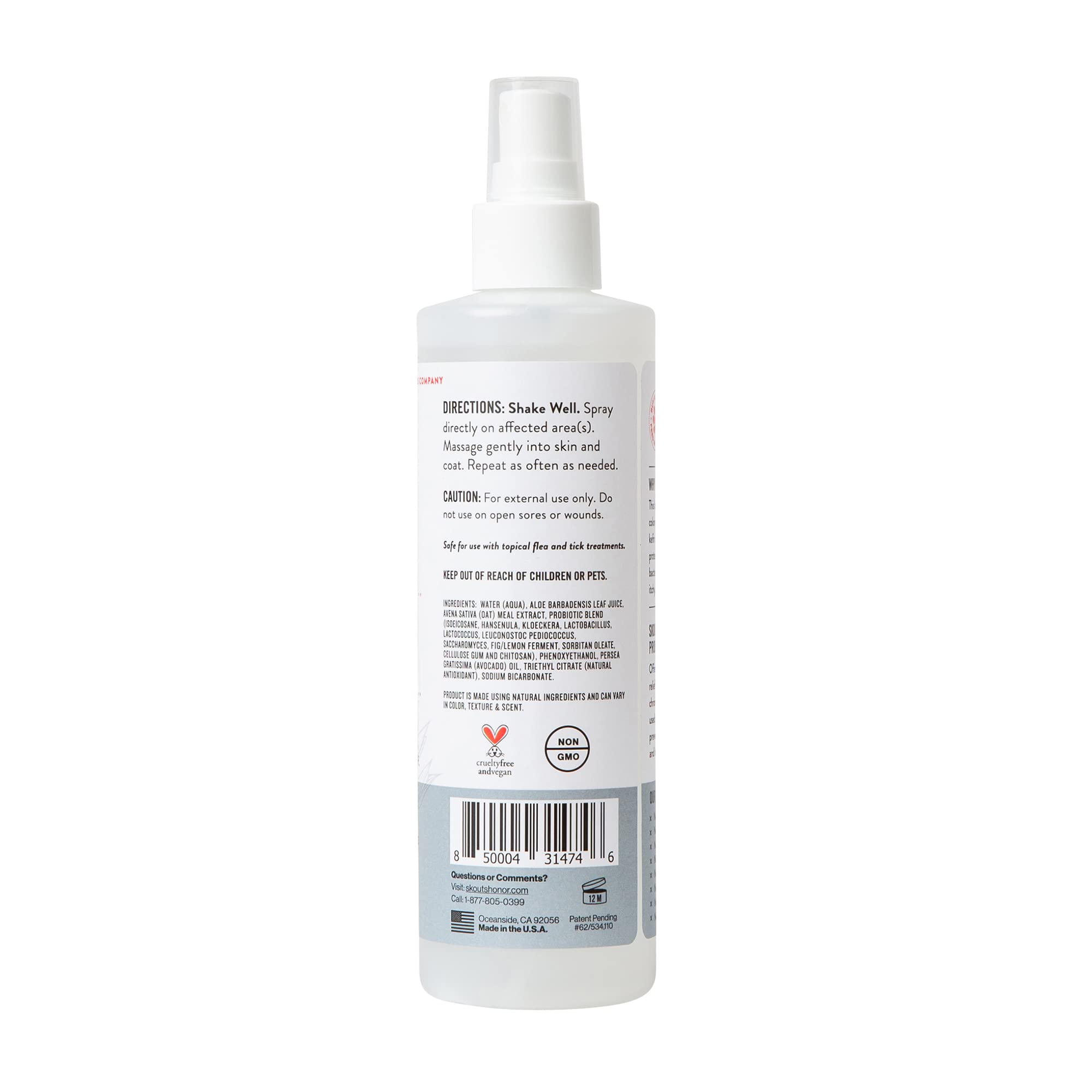 SKOUT'S HONOR Probiotic Itch Relief Spray for Pets - Non-Medicated, Fragrance-Free, Natural, Vegan, Long-Lasting Relief, with Soothing Oatmeal, 8 oz
