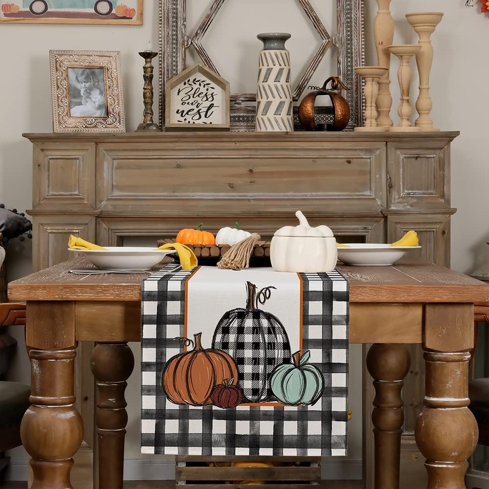 GEEORY Fall Table Runner 13x72 Inch, Buffalo Plaid Check Pumpkins Thanksgiving Farmhouse Table Decoration for Kitchen Dinning, Indoor Outdoor Dinner Party (Orange Pumpkins) GT121-72