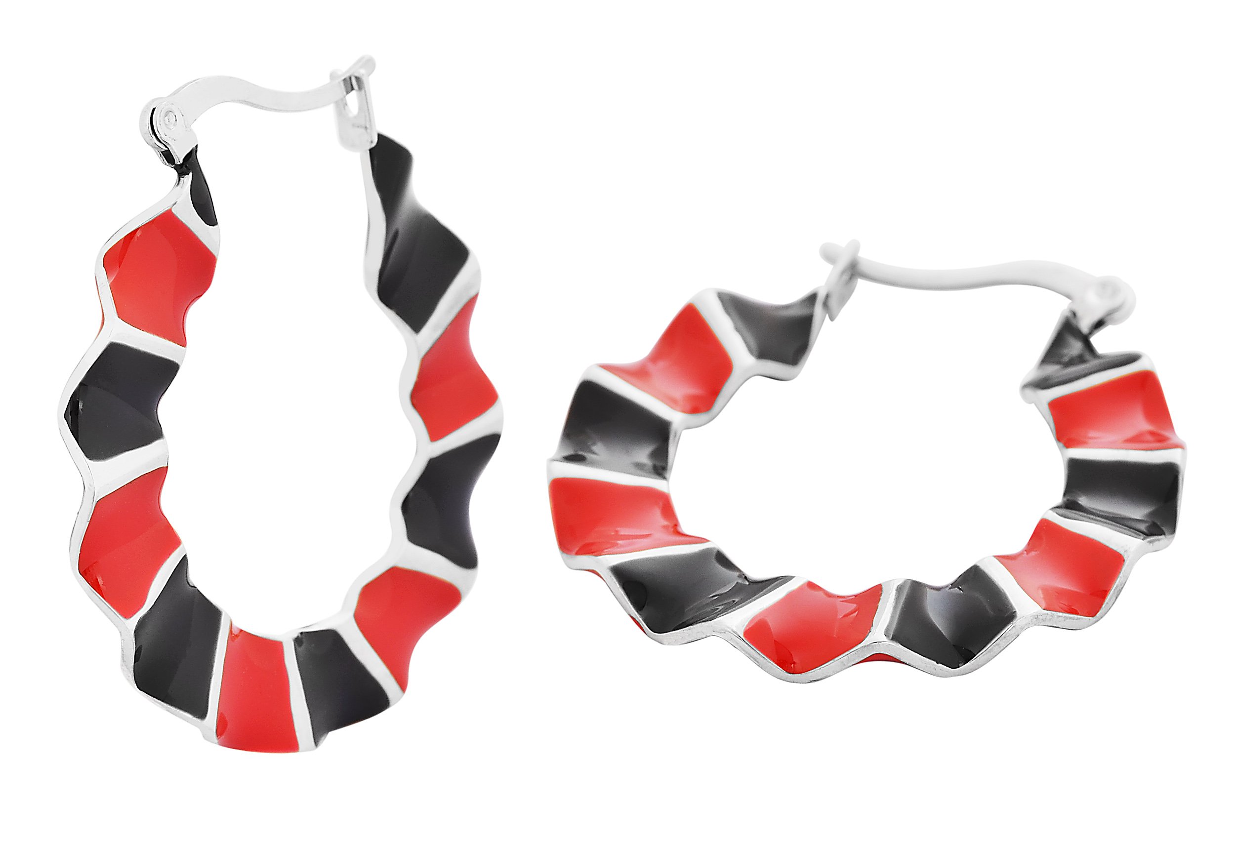 Edforce Women's Stainless Steel Black/Red Twisted Hoop Earrings, (34mm)