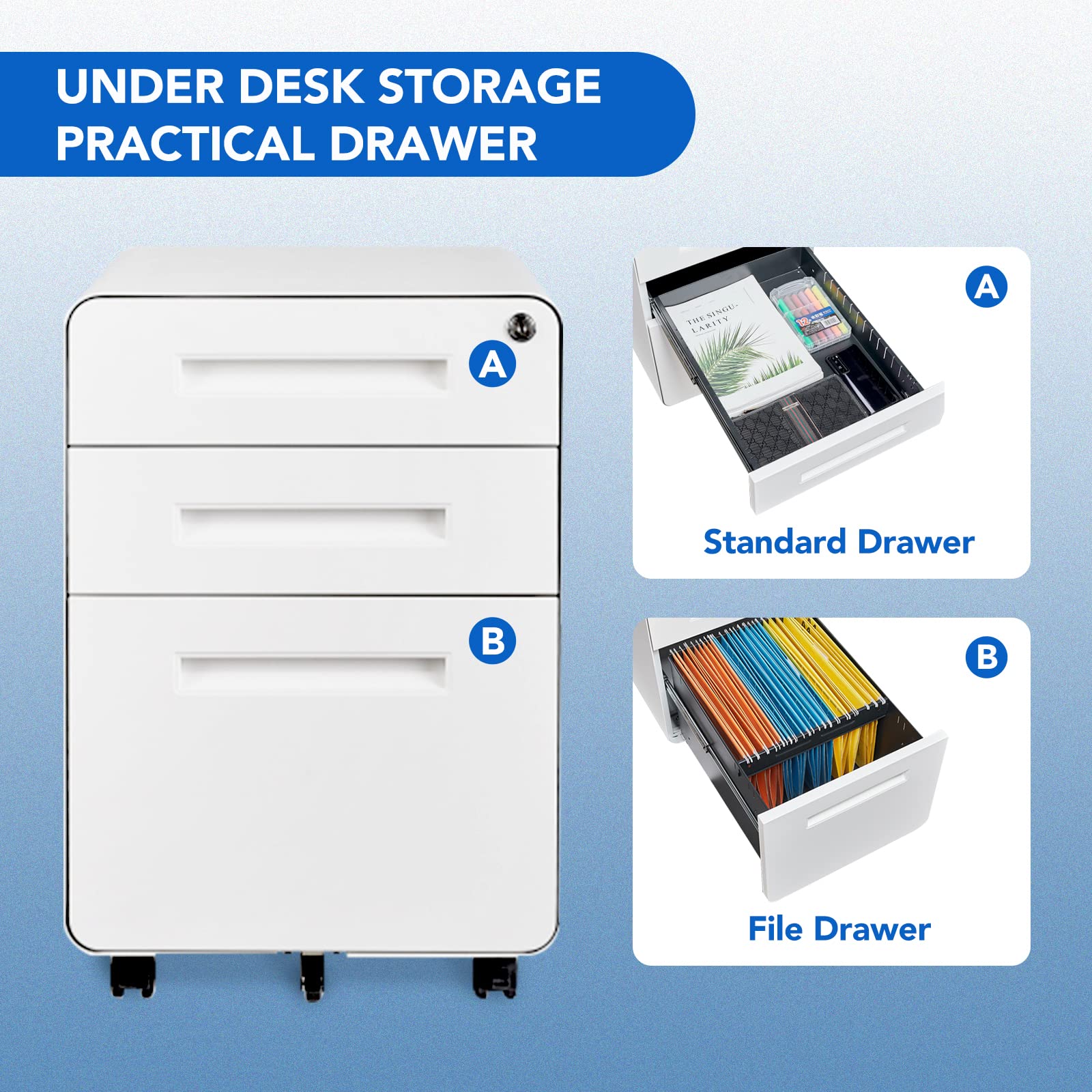 FLEXISPOT Mobile File Cabinet for Home Office 3 Drawer File Cabinet Under Desk Storage Filing Cabinet for Legal/Letter/A4 File,Round Corner Design,White