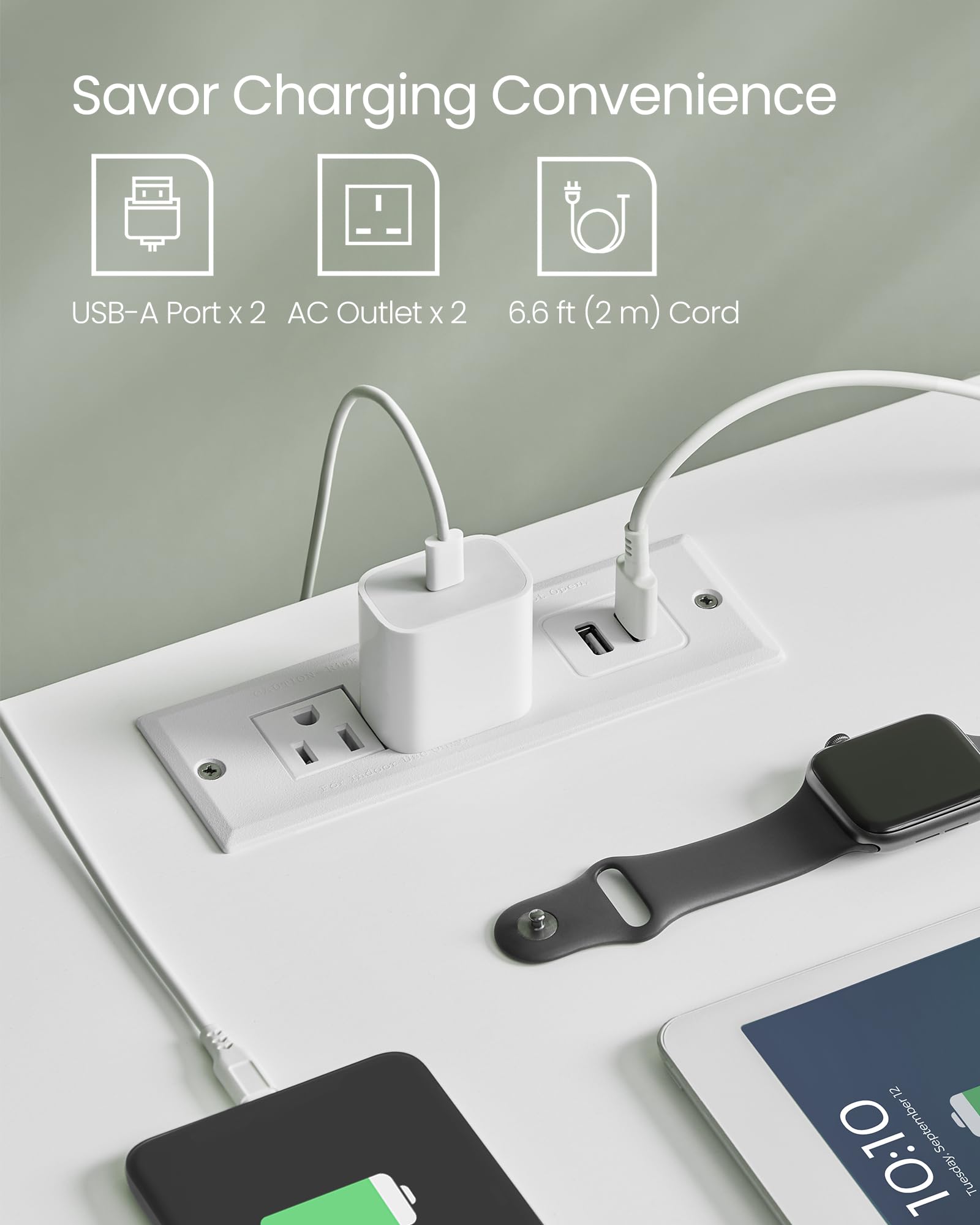 VASAGLE Bamboo Nightstand with Charging Station, Side End Table with 2 Drawers, Open Storage Shelf, Bedside Table, 2 USB Ports, 2 AC Outlets, Modern, for Bedroom, Cloud White ULET623W01V1