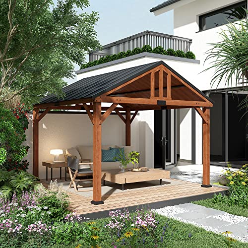 Outsunny 11' x 12' Hardtop Gazebo with Wooden Frame and Waterproof Asphalt Roof, Permanent Pavilion Gazebo Canopy, for Garden, Patio, Backyard, Deck, Porch, Brown