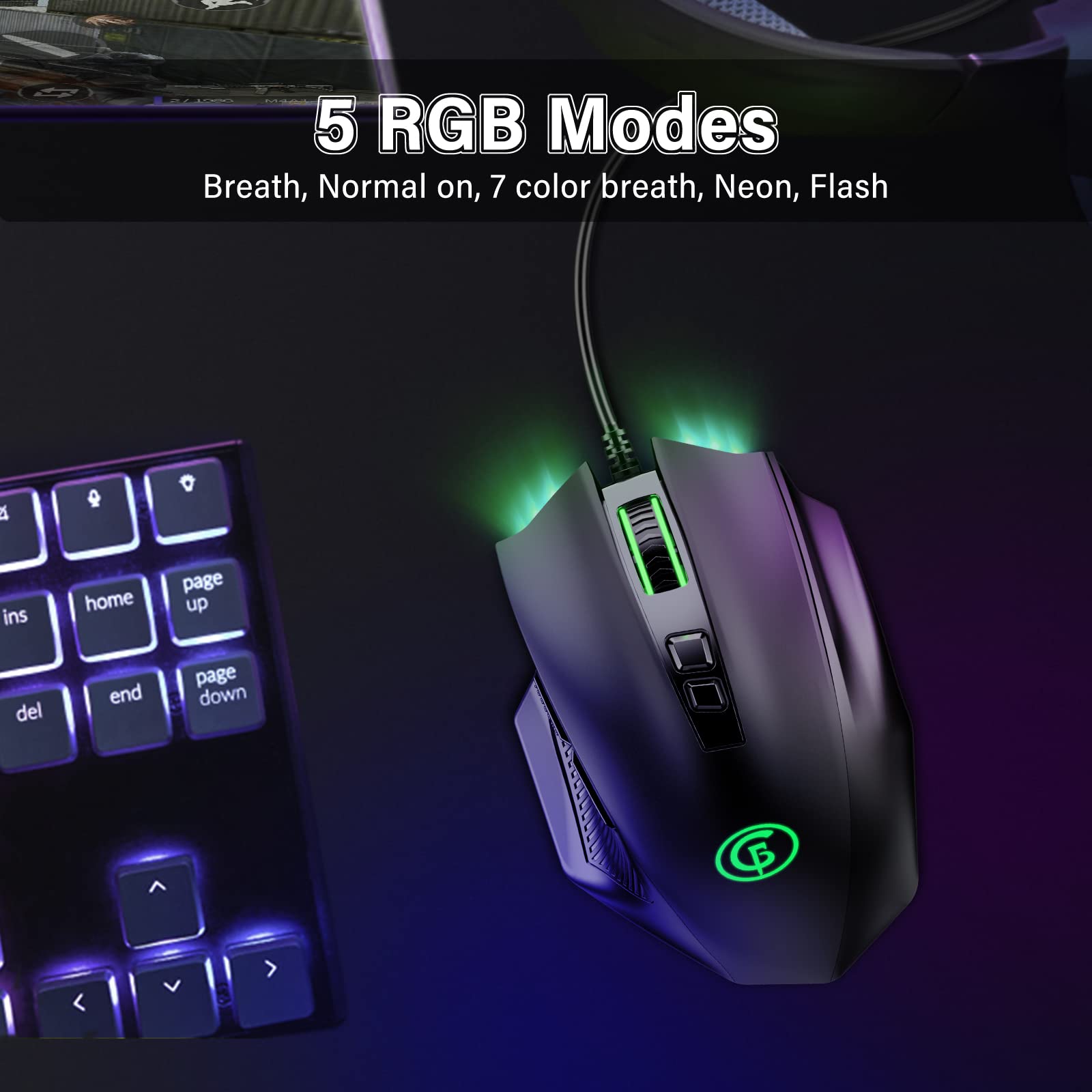 GF GOFREETECH Wired Gaming Mouse with Side Buttons, 7 Programmable Buttons, 5 Adjustable DPI, RGB LED Backlit USB Ergonomic Mouse for PC Laptop, Black