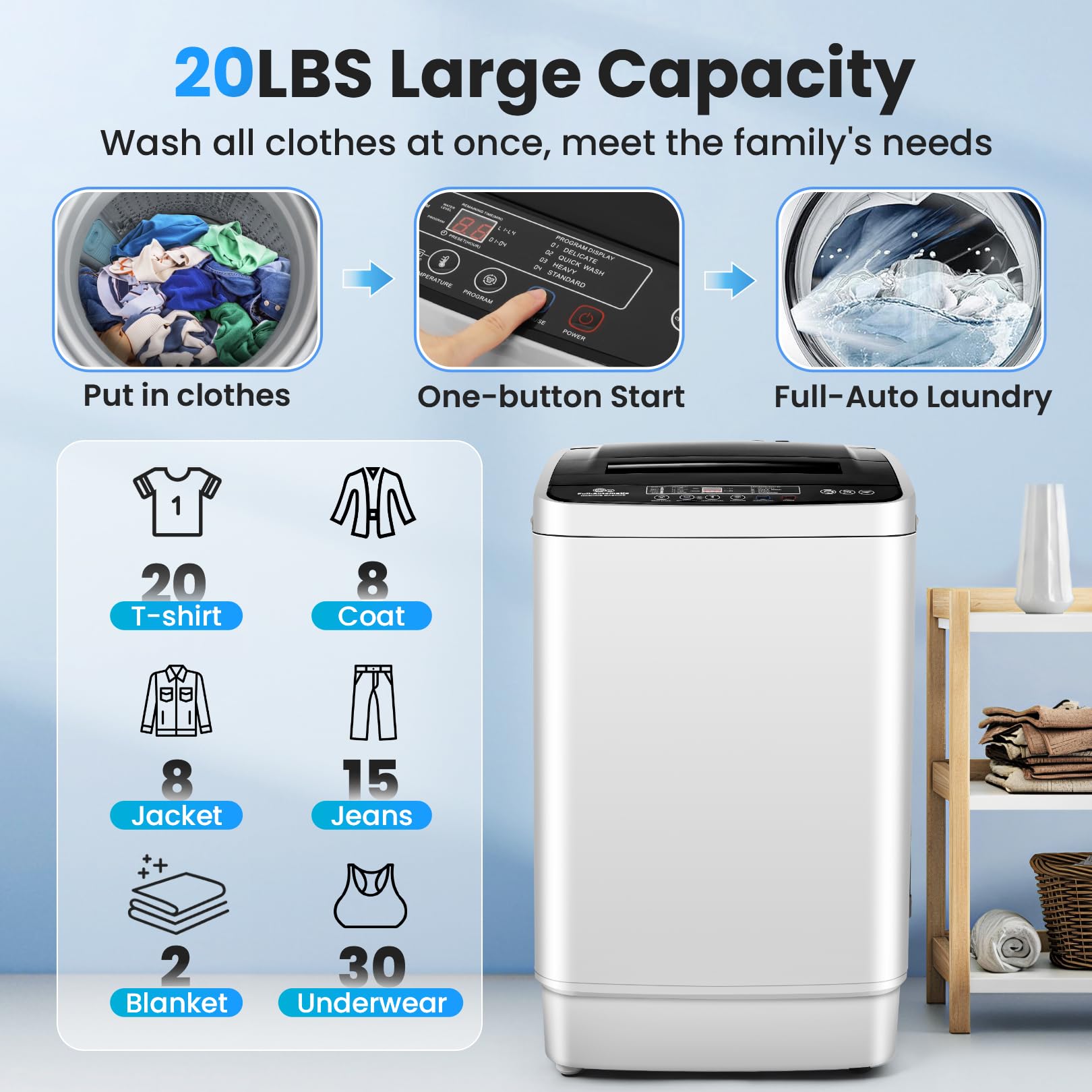 Nictemaw Portable Washing Machine 20Lbs, 2.8Cu.ft Full Automatic Portable Washer with 4 Wash Programs 4 Water Levels 3 Water Temp & Drain Pump, Portable Washer Dryer Combo for Home, RV, Dorm