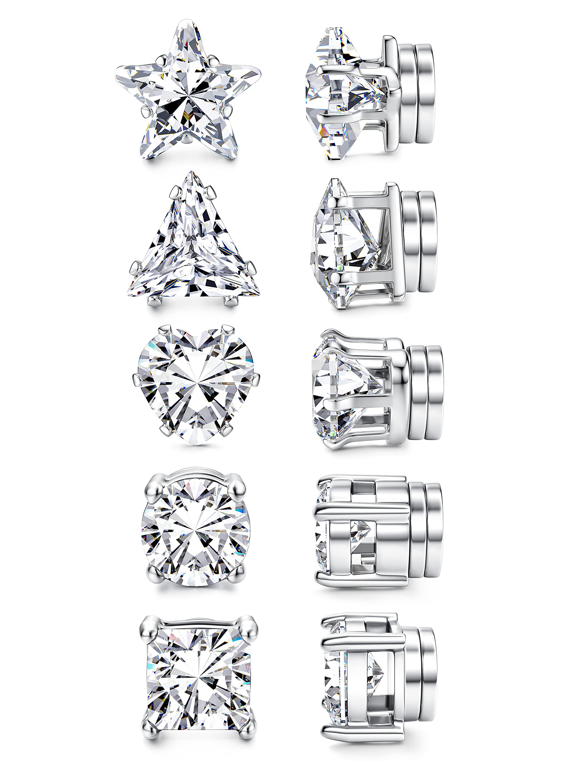 Florideco 5 Pairs Stainless Steel Magnetic Stud Earrings for Women Men Non Piercing CZ Hypoallergenic Earrings Clip On Stud Earrings Set 6MM