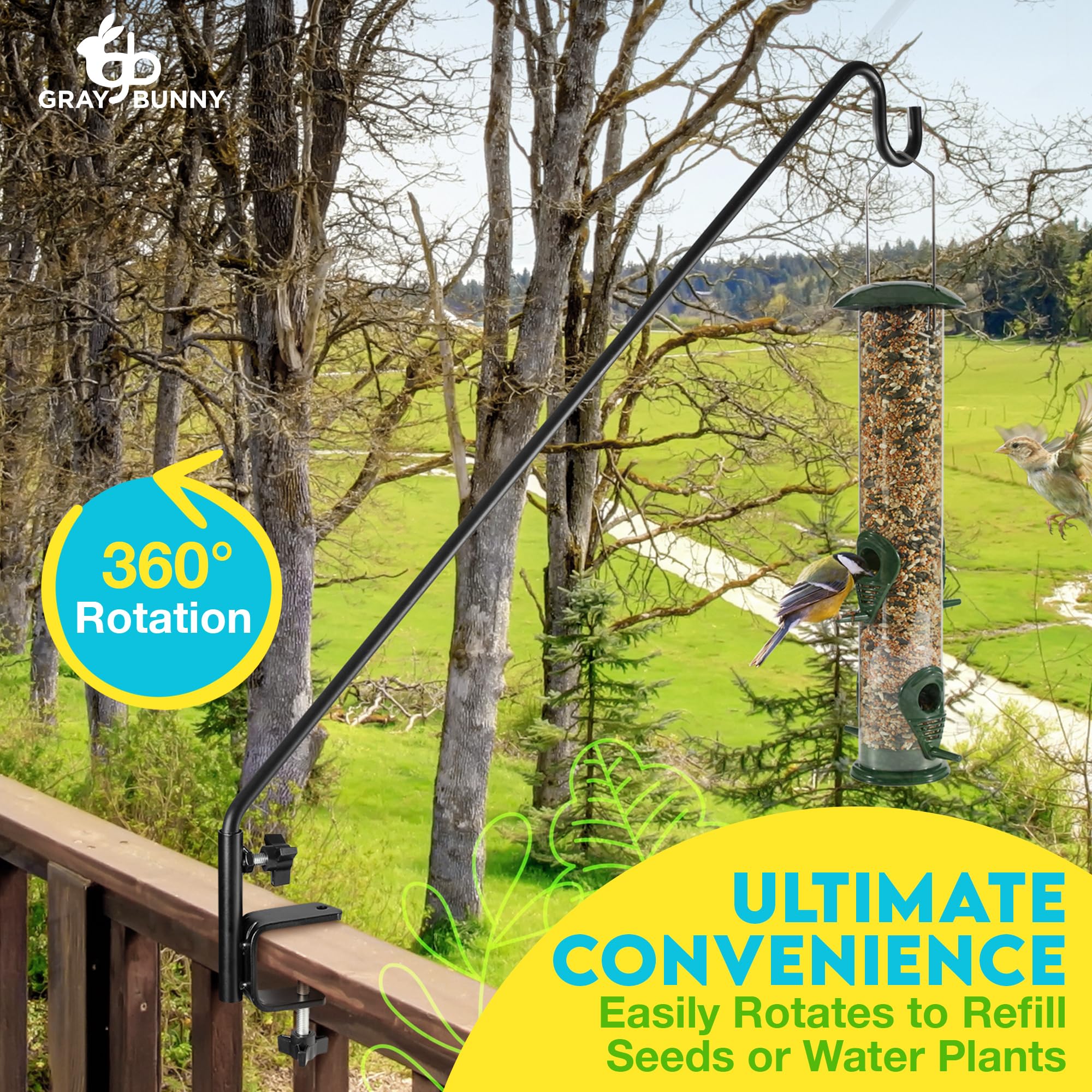Gray Bunny Deck Hook, 37 Inch Bird Feeder Pole, Non-Slip Clamp Deck Bird Feeder Hanger for railing for Bird Feeders, Planters, Suet Baskets, Lanterns, Wind Chimes and More