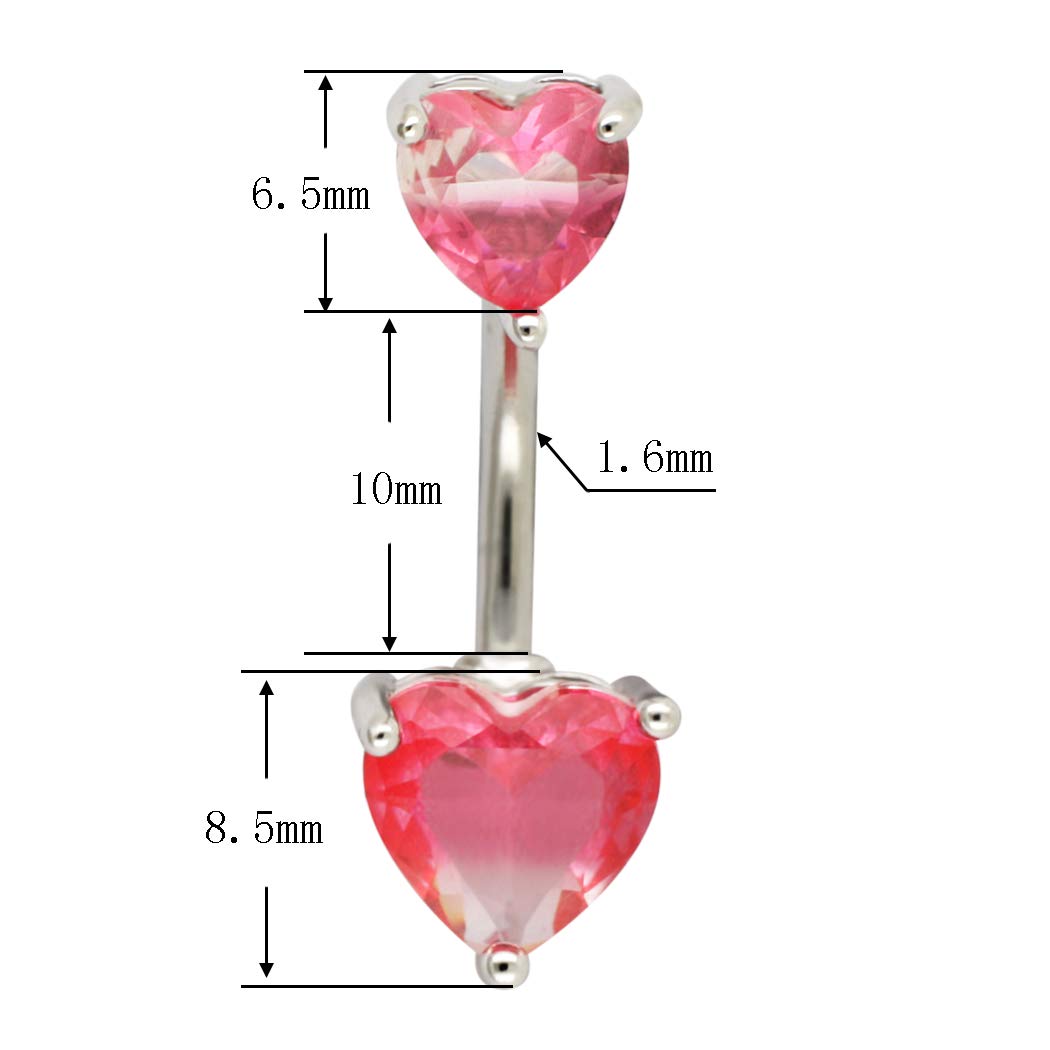 Excepro Belly Button Rings14G(1.6mm) 316L Surgical SS Rainbow Double Heart CZ Multi Shaped Body Jewelry Belly Rings (Dark Pink Heart)
