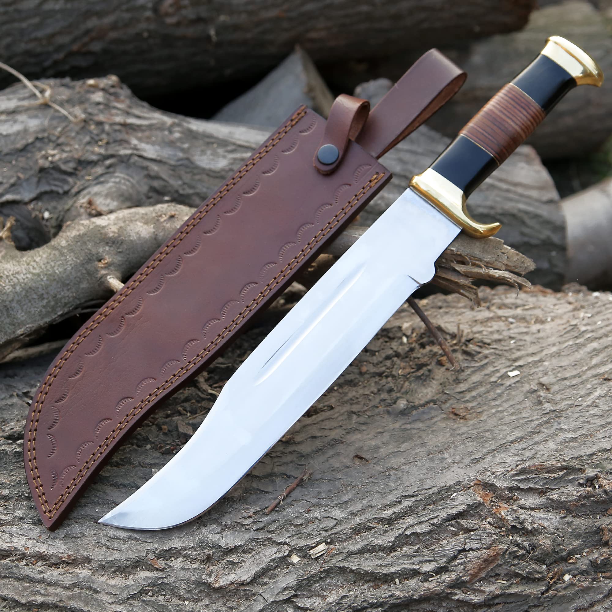 Hatf.Blade 18-Inch Fixed Blade Hunting Knife: Large Crocodile Dundee Bowie Knife with Leather Sheath - Perfect Camping Companion