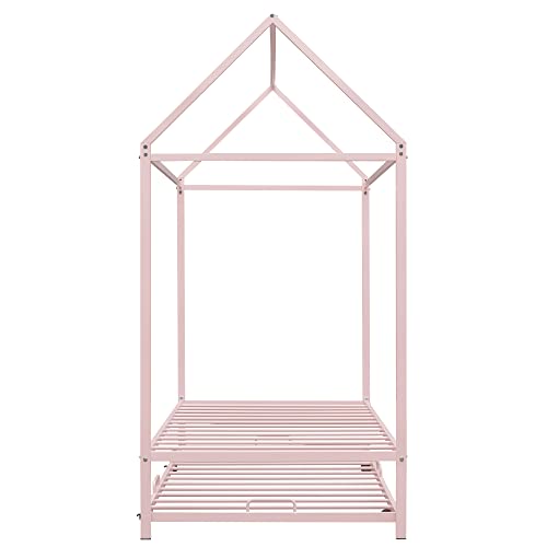 Merax Cute Montessori Bed with Trundle Twin, Metal Low House Daybed for Kids No Box Spring Needed/Space Spaving Pink
