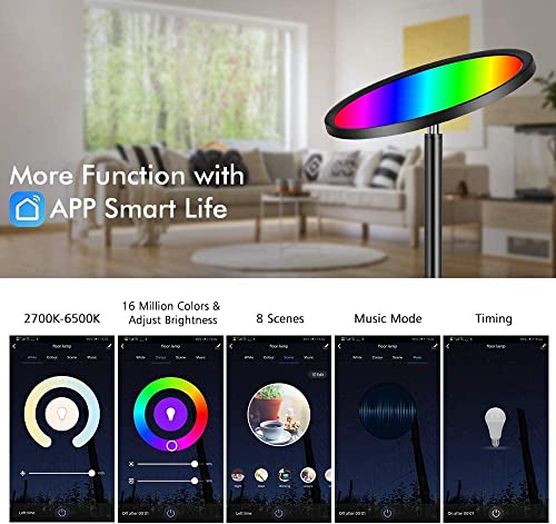 Floor Lamp, Super Bright RGBW Smart WiFi LED Floor Lamp for Reading, Dimmable Torchiere, for Living Rooms Bedrooms, for DIY, Compatible with Alexa & Google Home, Black, 25W