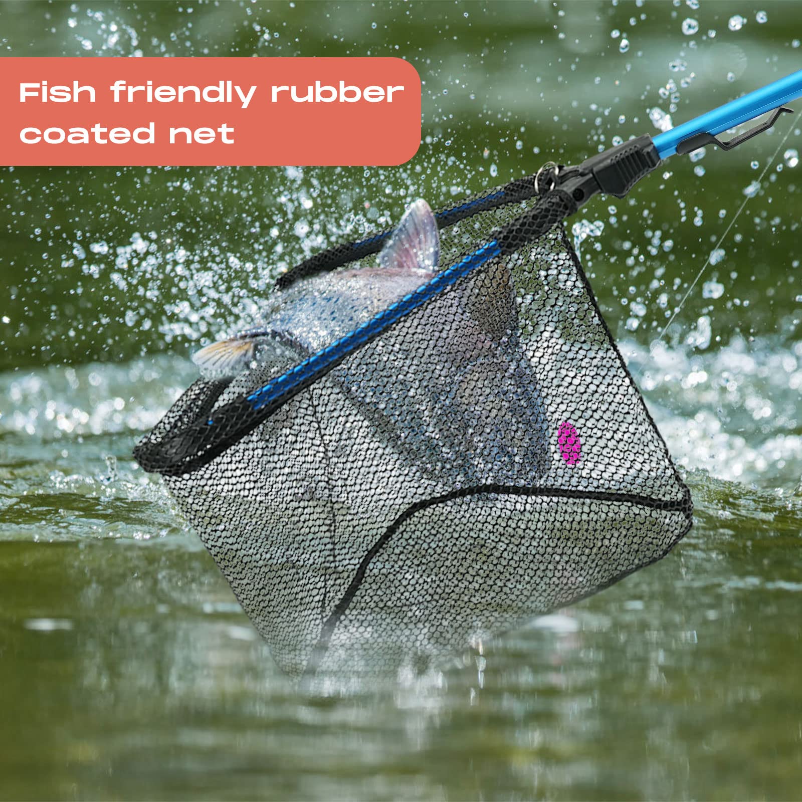 Hook-Eze Fishing Net with Telescoping Pole Handle - Extends up to 23 inches, Floating Fishing Net, Foldable & Compact, Rubber Coated Landing Net, 12 inch Hoop Size