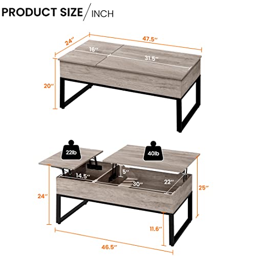 Yaheetech Lift Top Coffee Table with Hidden Storage Compartment, Farmhouse Wooden Center Table with 2 Way Raisable Tabletop & Gas Lift Mechanism for Living Room Reception Room,Gray