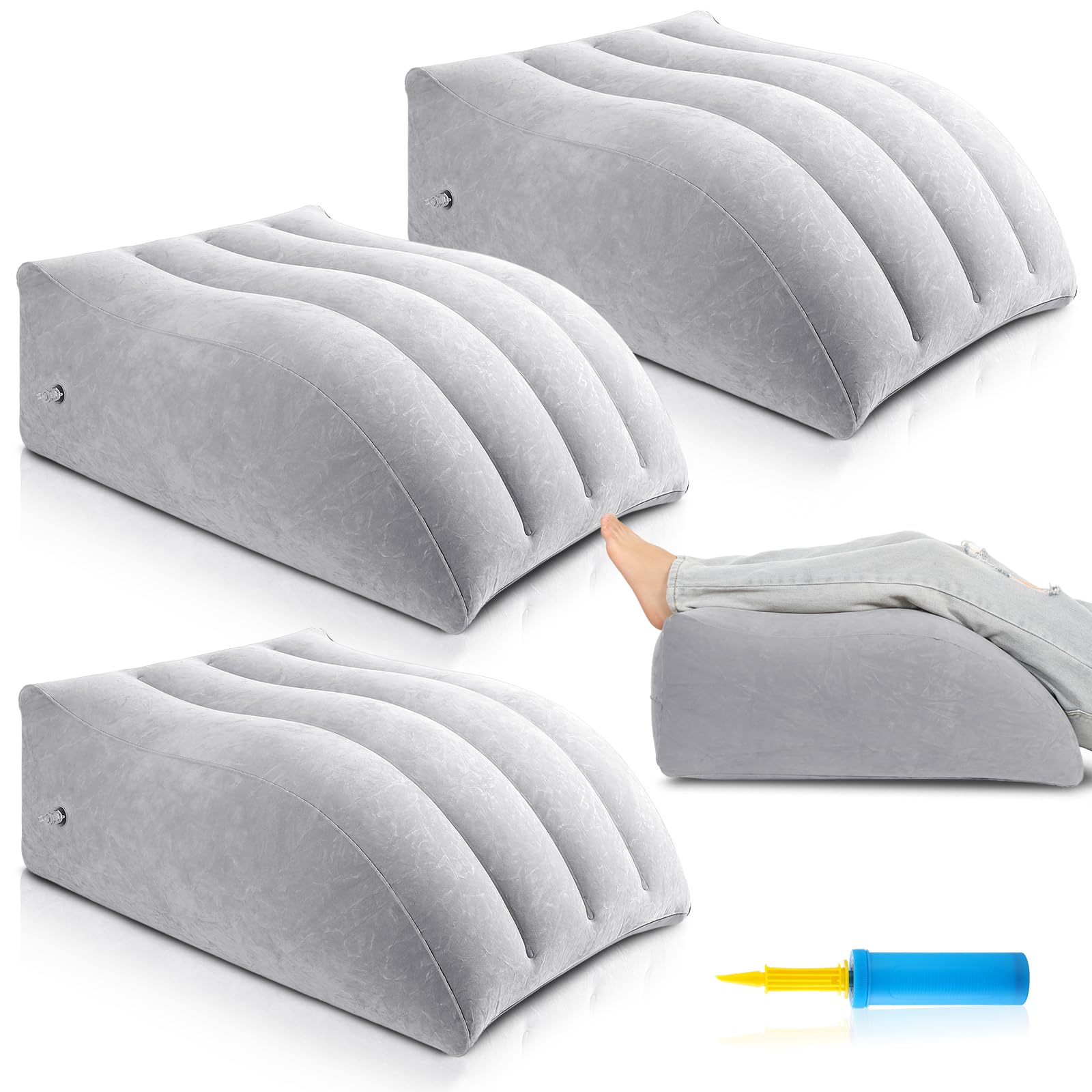 Geetery 3 Pcs Leg Elevation Pillows Inflatable Leg Pillows for Swelling Portable Wedge Pillow for Sleeping with Pump Knee Relief Support Cushion for Back Foot Surgery Recovery Rest Bed Travel, Gray