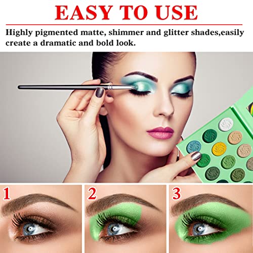Green Eyeshadow Palette,QIUFSSE 15 Colors Eye Shadow Pallete Sets Highly Pigmented Matte Glitter Colorful Long Lasting Blendable Forest Emerald Green Yellow Makeup Pallet for Women Christmas Halloween