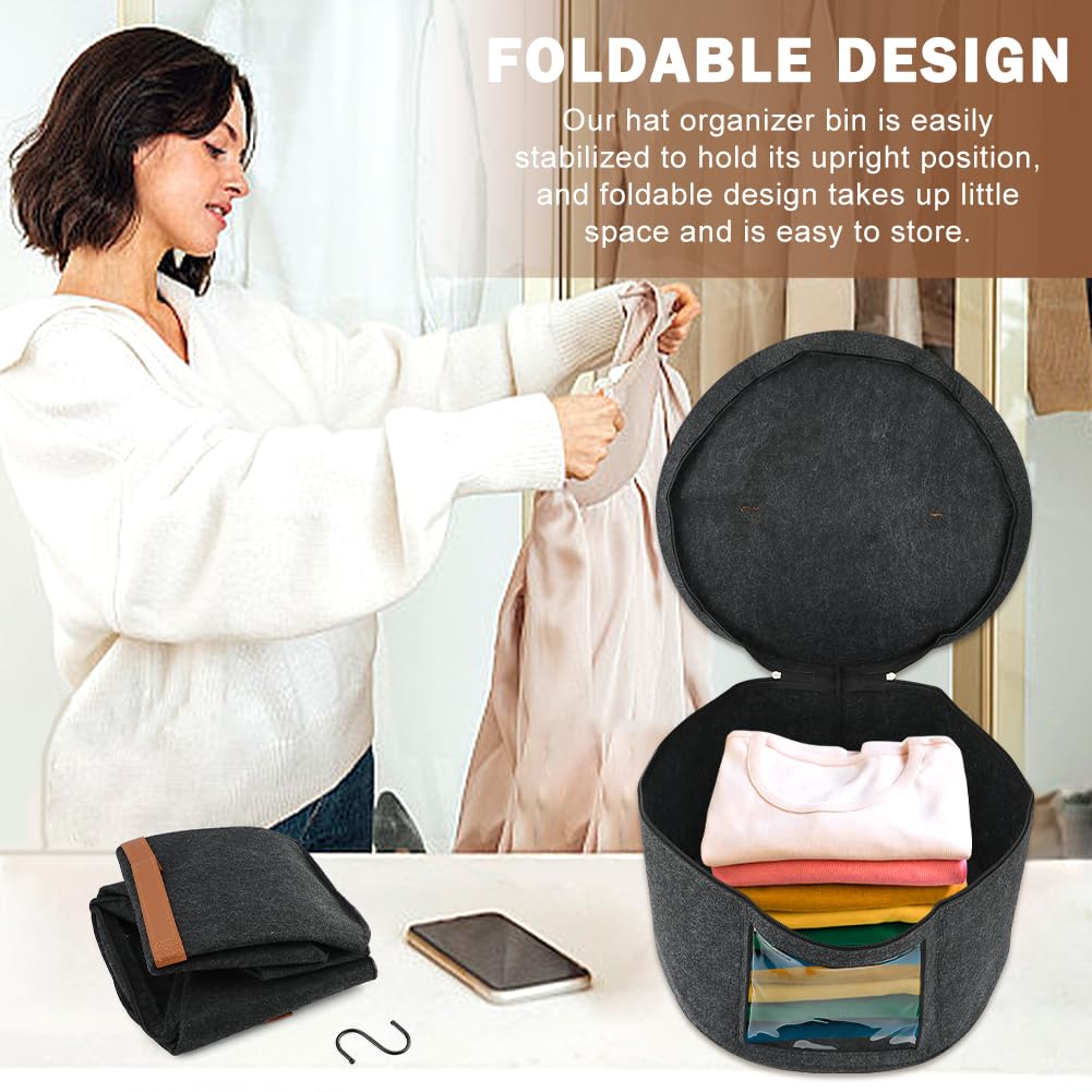 NINEFOX Hat Boxes for Women Storage, Hat Storage Box, Foldable Large Hat Box with Lids Round Box with Lid Toy Storage, Dark Grey