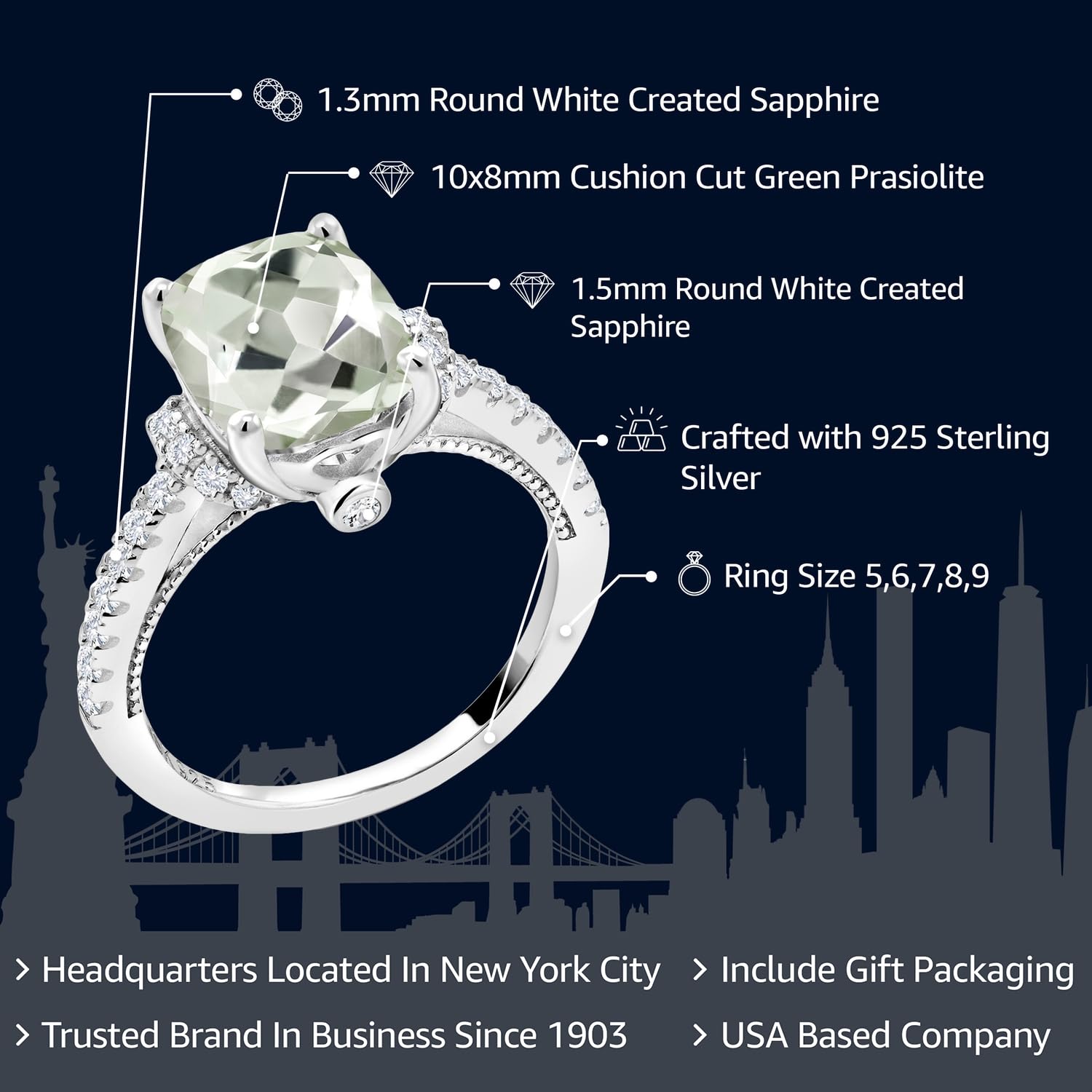 Gem Stone King 925 Sterling Silver Green Prasiolite and White Created Sapphire Ring For Women (3.00 Cttw, Cushion Cut 10X8MM, Available in size 5, 6, 7, 8, 9)