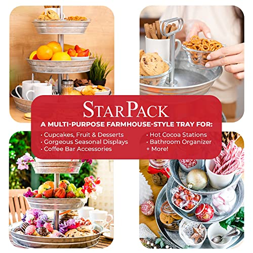 StarPack Farmhouse Style Three Tier Serving Tray - Rustic Kitchen 3 Tiered Tray with 3 Tier Metal Stand - Three Tiered Tray for Deserts & Party Bites - Sturdy & Stylish 3 Tier Serving Stand