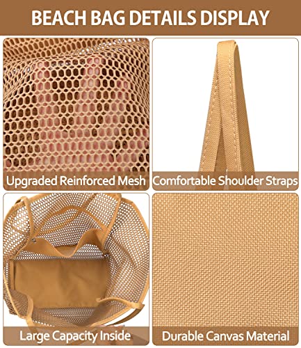 hatisan Beach Bag Mesh Tote Bag,Upgrade Beach Tote with Phone Pouch Women Mesh Bag Shoulder Bag for Beach Travel Vacation (Kakhi)