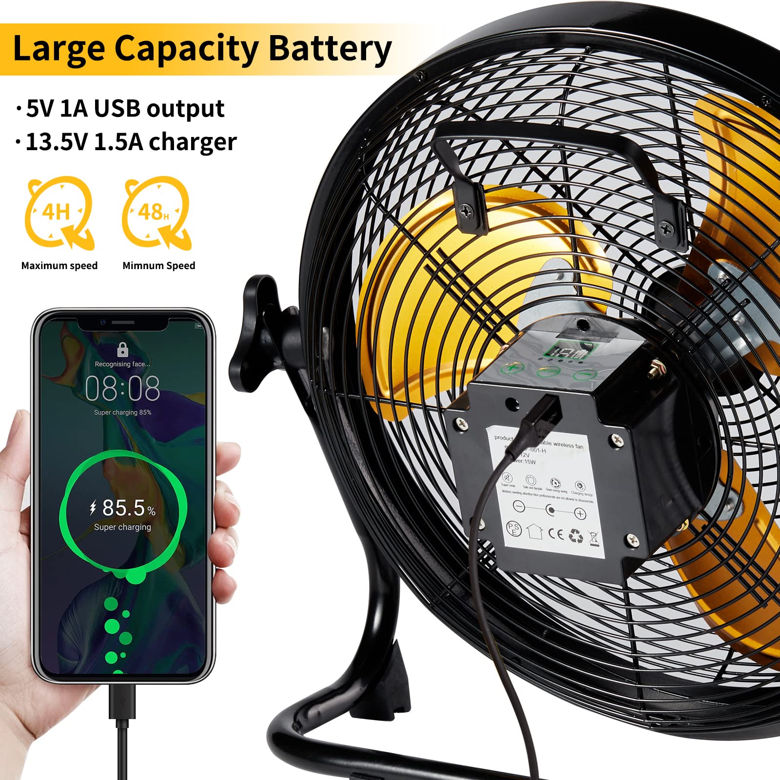 lcocove Battery Operated Solar Fan, Home or Outdoor Portable Fan, Battery Can Running 5-24 Hours, Design For Camping,Hurricane Fan,with USB Output For Emergency Situation Without Electric(black)