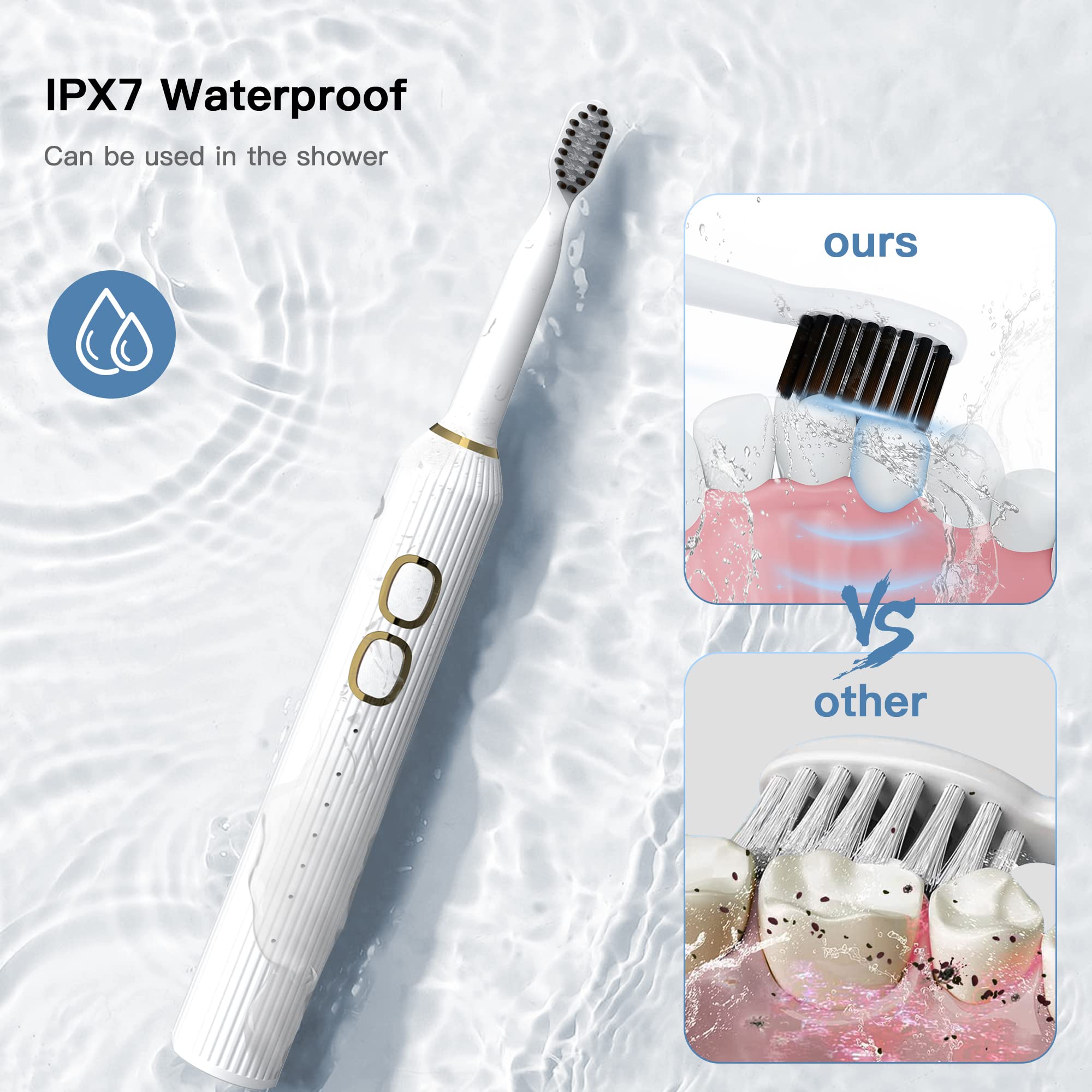 IPX7 waterproof Electric Toothbrush with 9 Brush Heads for Adults and Students, Inductive fast charging, One Charge for 30 Days,5 Modes, 3 Intensity Levels with 2 Minutes Built in Smart Timer(White)