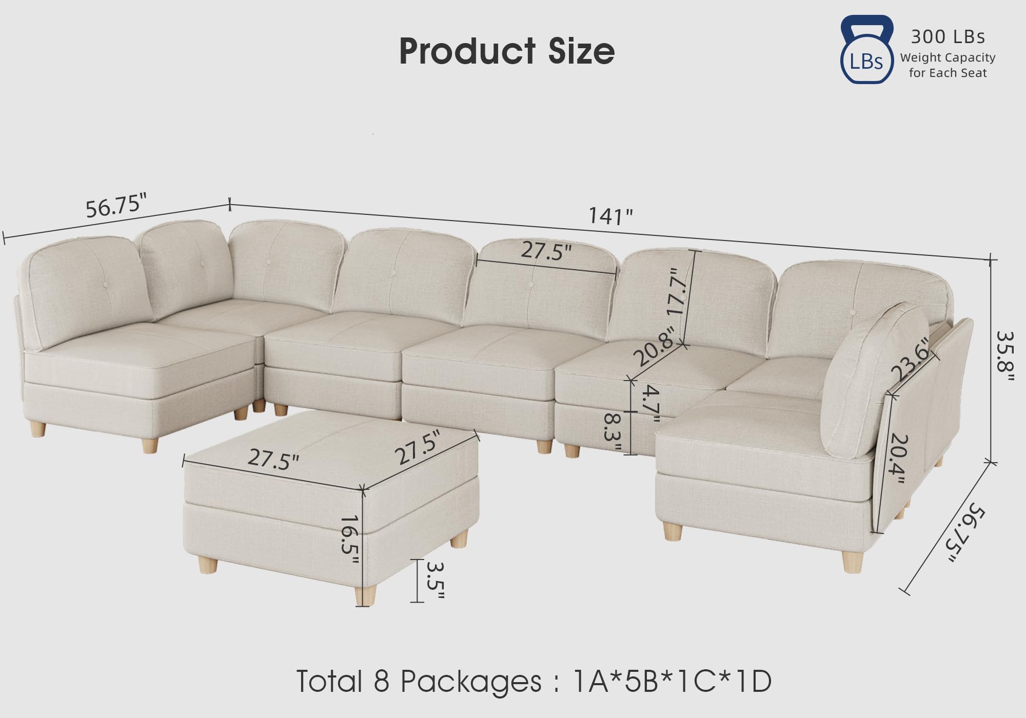 LLappuil Oversized Modular Sectional Fabric Sofa Set, Extra Large L Shaped Couch Reversible Chaise Modular Sectional Couch, 113.5 inch Width,8 Seat Modular Sofa with Storage Ottoman, Linen,Off White