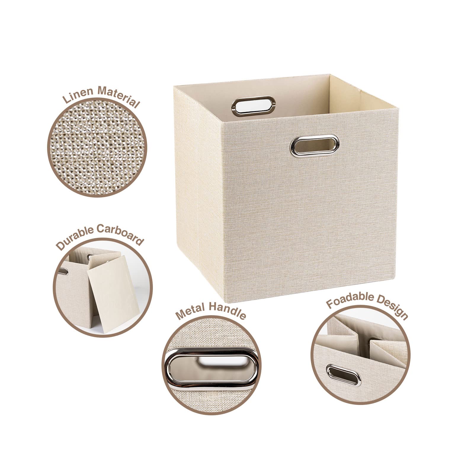 Jermichoc 13x13x13 Inch Cube Storage Bins, 4 Pack Foldable Linen Fabric Organizer Basket with Metal Handle for Clothes Toys Organizing (Beige)