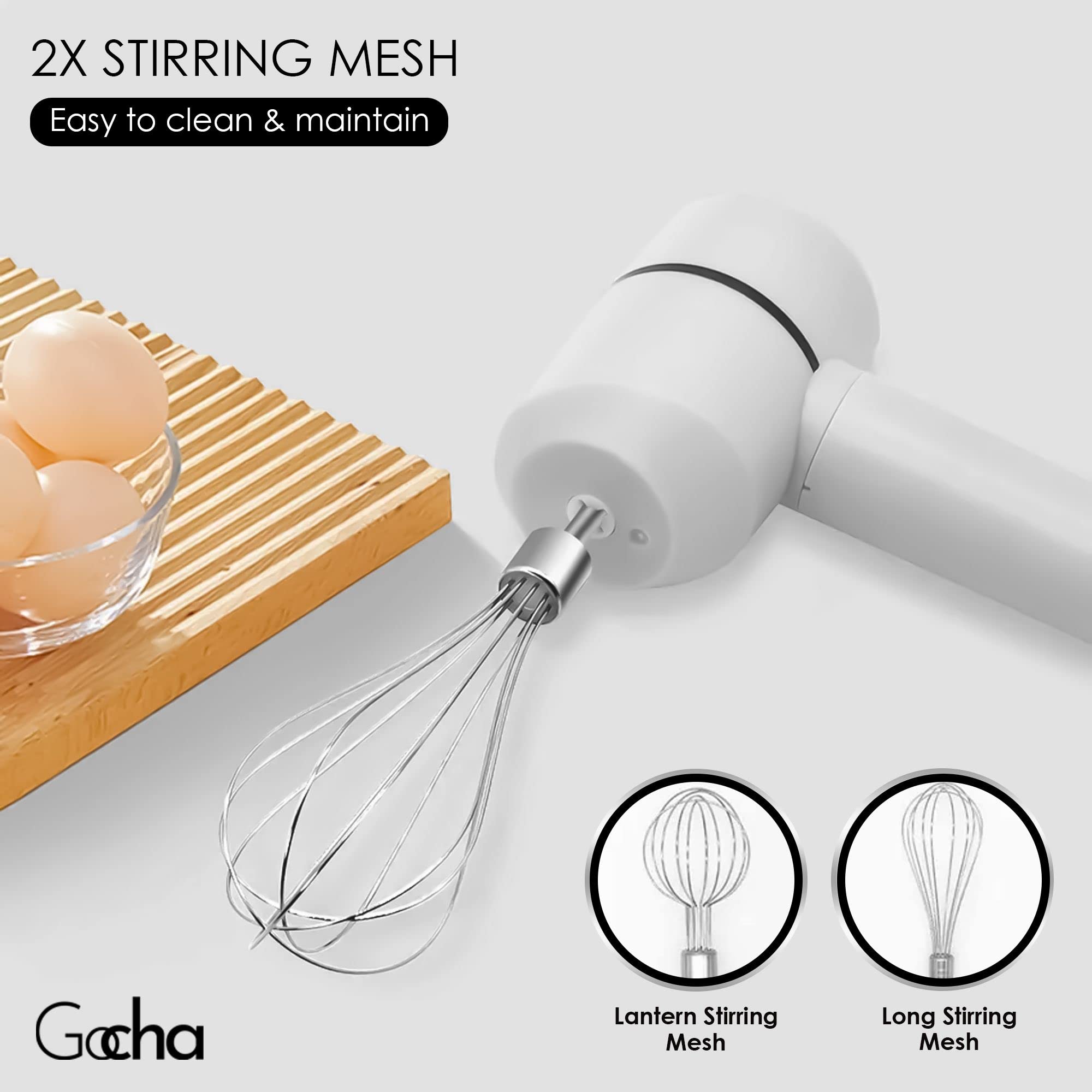 GOCHA Gadgets | Hand Whisk Electric | 3 Speed Handheld Mixer | Two Whisk Mount Baking Mixer | Cordless Electric Hand Mixer For Eggs, Soups, Cream, Batters | Portable, Wireless & Rechargeable (White)