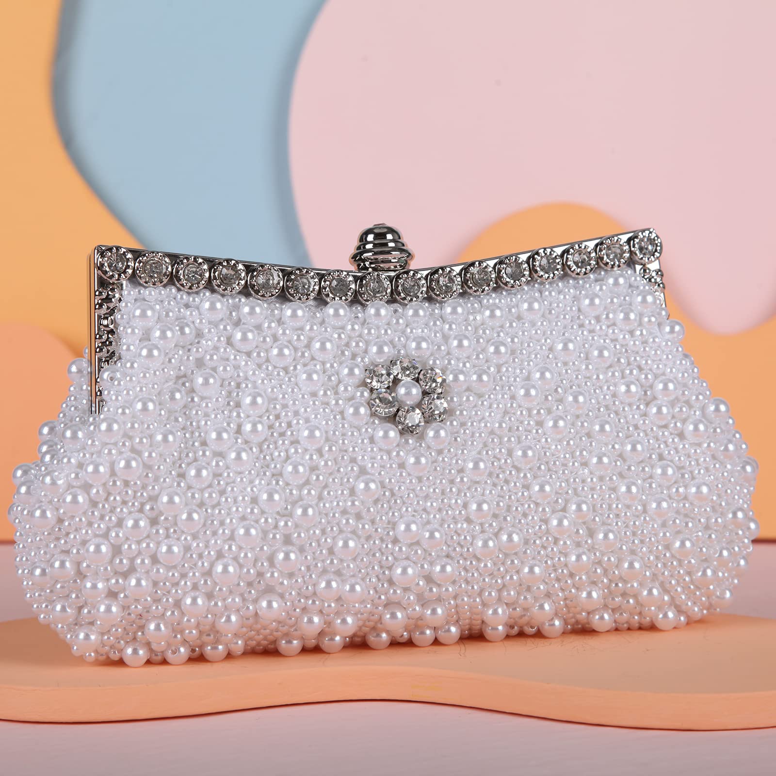 Fawziya Evening Clutch Bling Rhinestone Faux Pearl Soft Novelty Purses For Women Formal-White