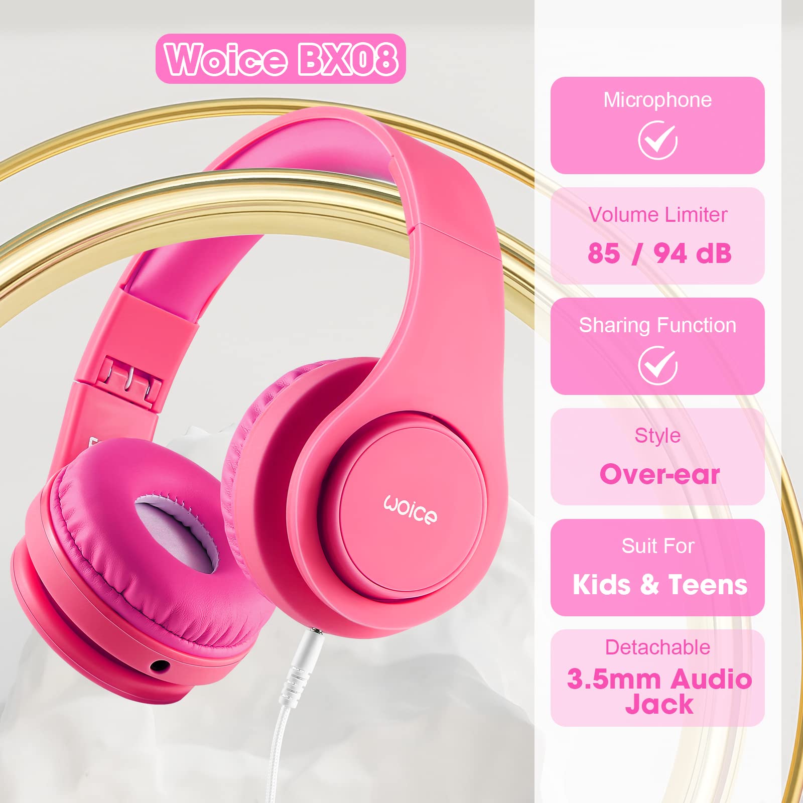 Kids Wired Headphones with Microphone, 85/94dB Volume Limiter, Shareport, Foldable Adjustable Stereo Tangle-Free 3.5MM Wire Cord Over-Ear Headphone for Smartphones/PC/Tablet/School/Trip(Pink)