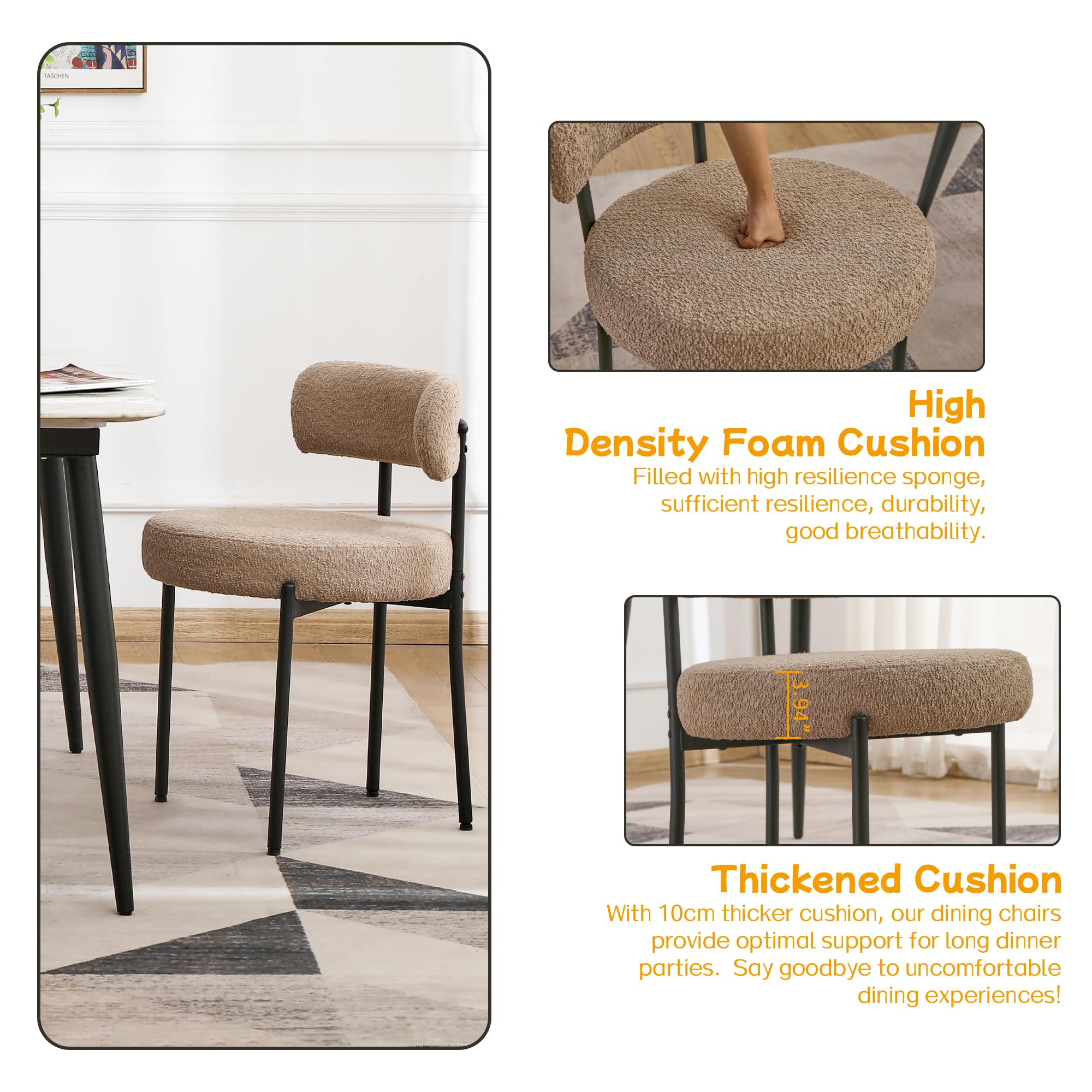 EDWELL Dining Chairs Set of 4, Round Upholstered Dining Room Chairs, Curved Backrest Boucle Dining Chair for Kitchen, Living Room, Mid Century Modern Dining Chairs with Black Metal Legs