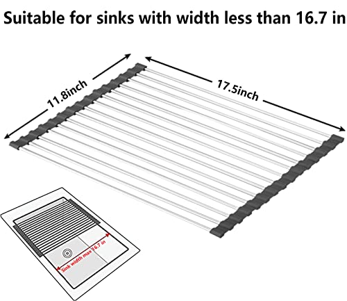 HEREOF Roll Up Dish Drying Rack for Kitchen Counter, Rolling Stainless Steel Sink Drying Mat Foldable Drainer for Kitchen Organization and Storage 17.5x11.8