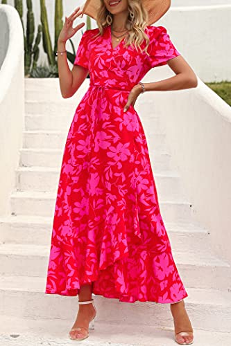 PRETTYGARDEN Women's Summer Wrap Maxi Dress Casual Boho Floral V Neck Short Sleeve Ruffle Hem Split Beach Long Dresses (Red Floral,X-Large)