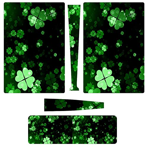Green Colored Lucky Shamrocks Full Protective Skin Cover Design Wrap Decal Sticker Compatible with PS5 Digital Edition Console and Controller