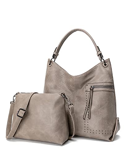 FADEON Leather Hobo Bags for Women Large Zipper Shoulder Purses Designer light Handbags Sets with Organizer … (Dark Grey)