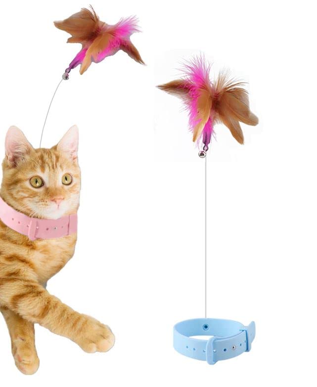 KOTYA Cat Teasing Wand Silicone Collar Hands Free Toy with Bell and Feathers (Sky Blue)
