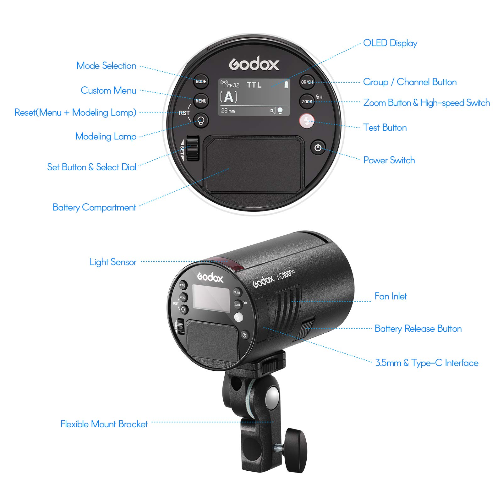 GODOX AD100Pro Studio Flash Light OLED Screen 5800K 1/8000s Sync TTL/Multi/M Flash Built-in 2.4G Wilreless X System 5 Groups 32 Channels with Rechargeable 2600mAh Battery with Godox S2 Flash Bracket