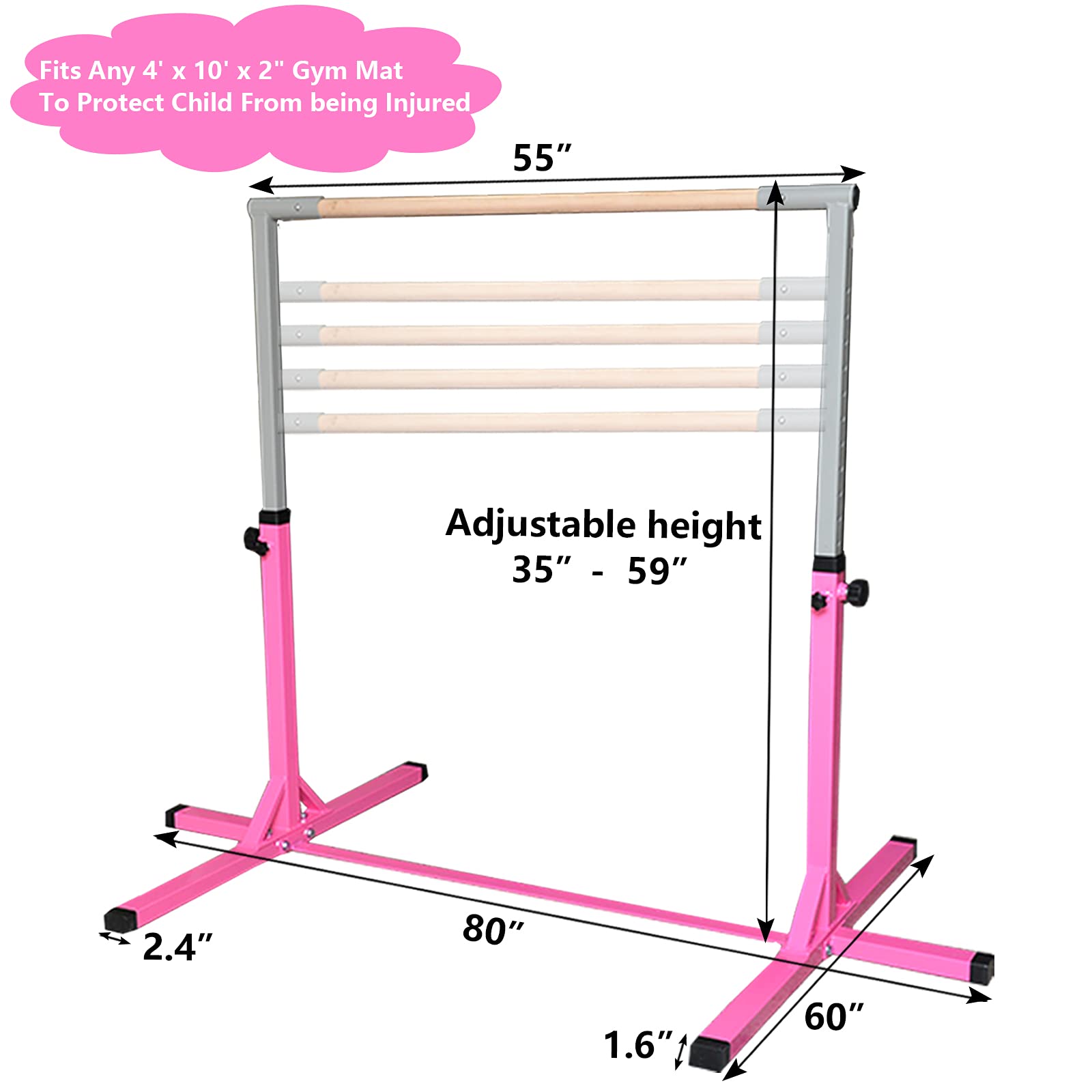 EASIGO Gymnastics Junior Training Bar - Stainless Steel 36"-59" Adjustable Weights Gymnastics Bars 1-4 Levels, 220 lbs Weight Capacity, Suit for Indoors, Home Practice (Pink)